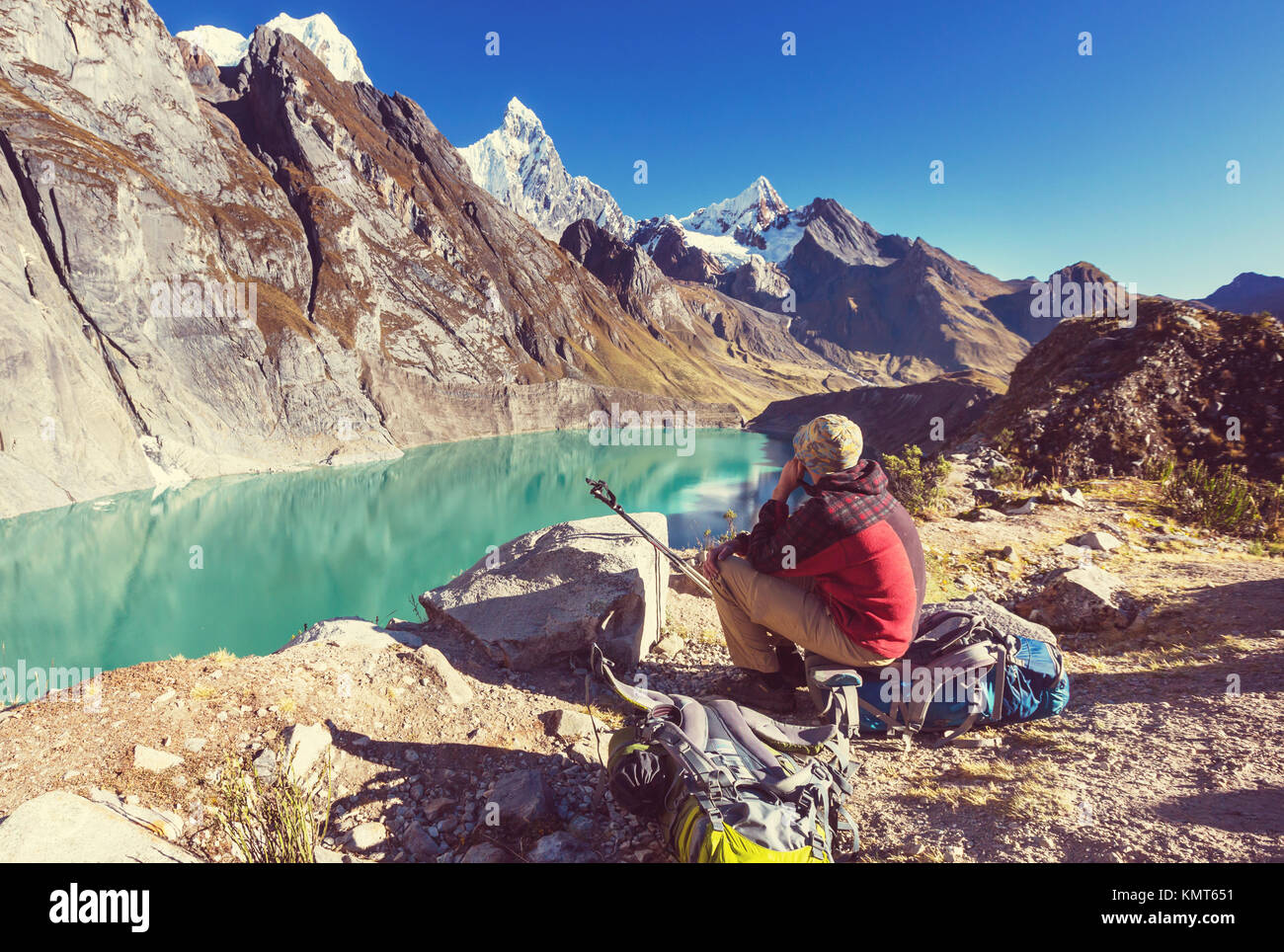Hiking scene in Cordillera mountains, Peru Stock Photo - Alamy