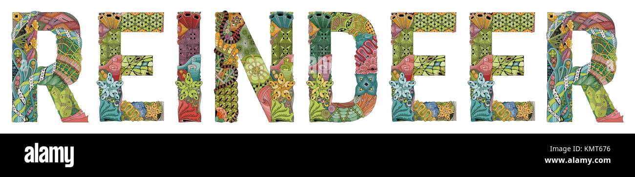 Hand-painted art design. Hand drawn illustration words reindeer for t ...