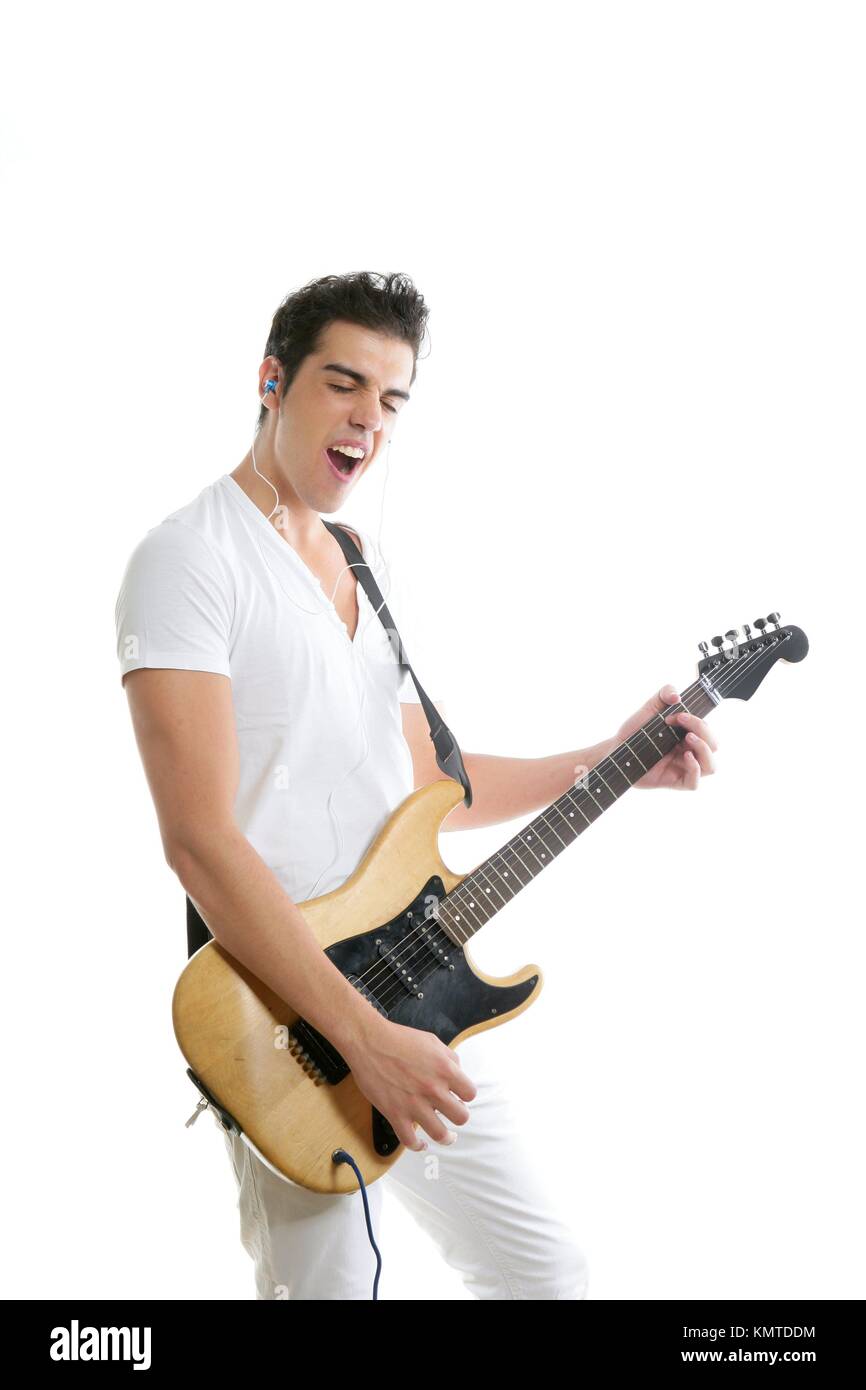 Musician young man playing electric guitar isolated on white Stock ...