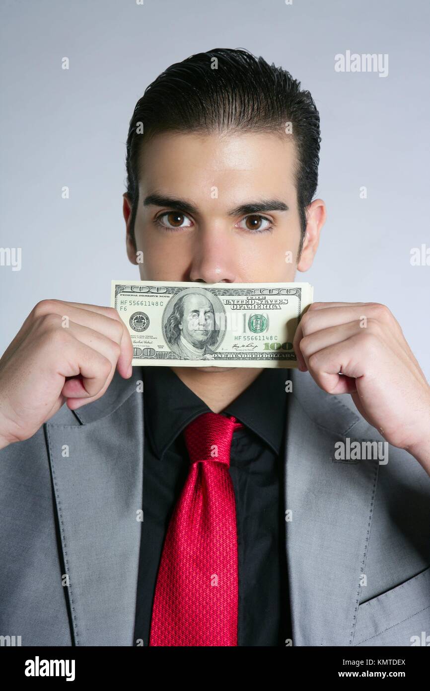 Businessman young with dollar notes suit and tie on gray background ...