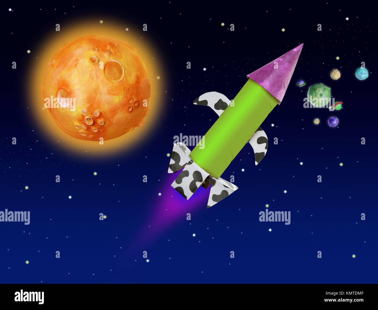 Colorful fantasy rocket flying into blue space planets and stars Stock ...
