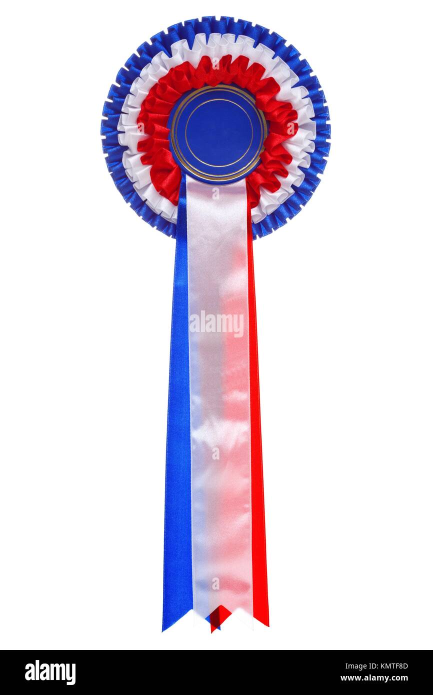 A three tier rosette made with red, white and blue ribbon with a blank ...