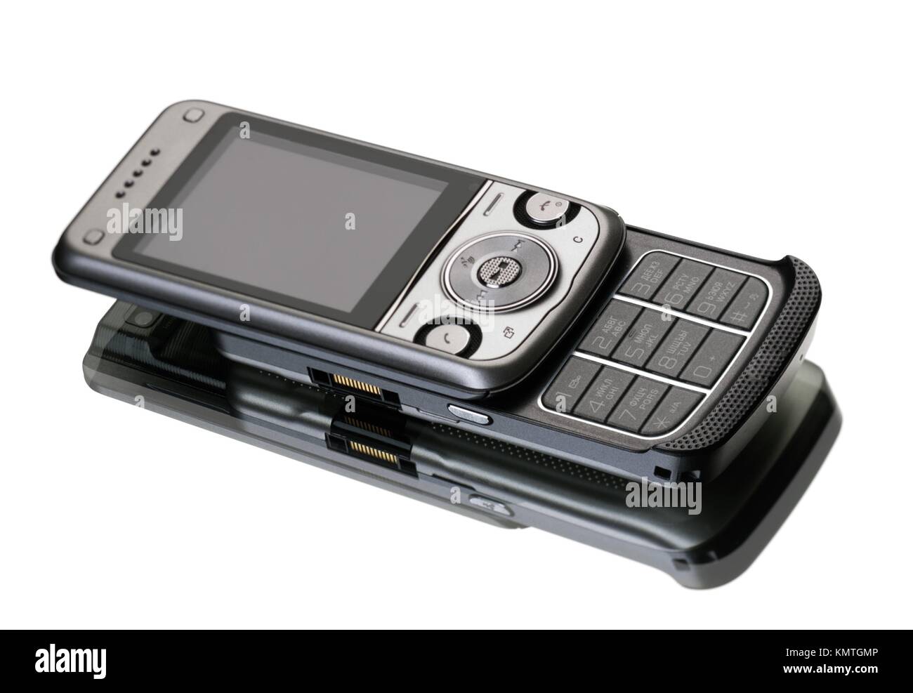 New technology smart phone Silver mobile phone on white background with ...