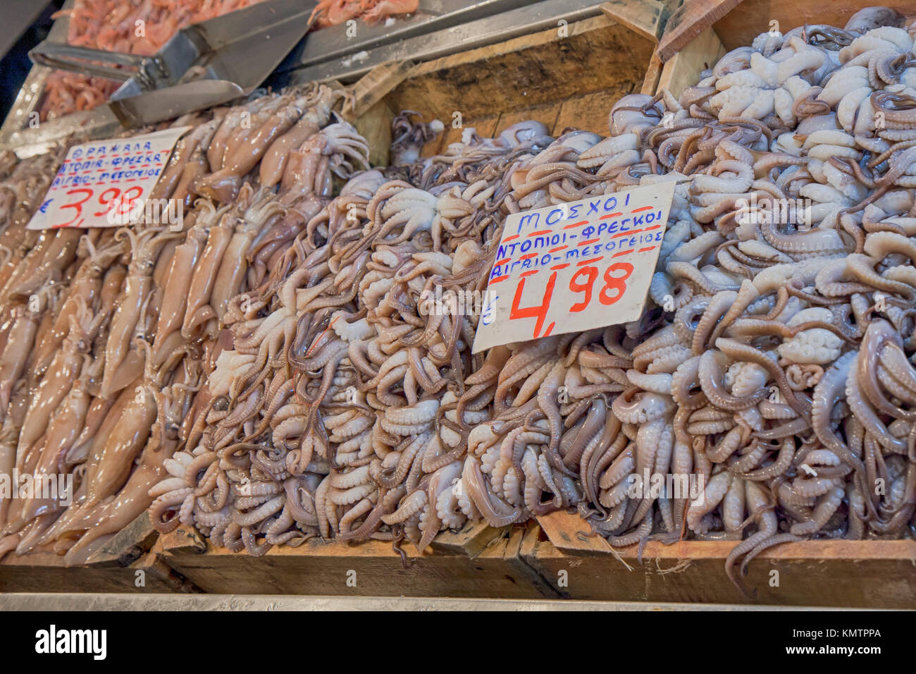 Athens, Greece, - April 06, 2015: City Market. Stand with seafood ...