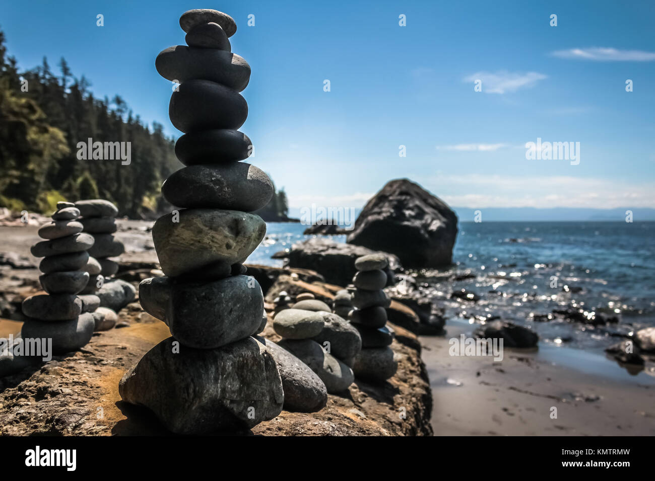MYSTIC BEACH, VANCOUVER ISLAND, BC - JULY 19, 2017 - Built rock towers ...