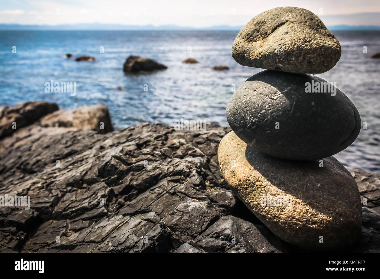 MYSTIC BEACH, VANCOUVER ISLAND, BC - JULY 19, 2017 - A view of three ...