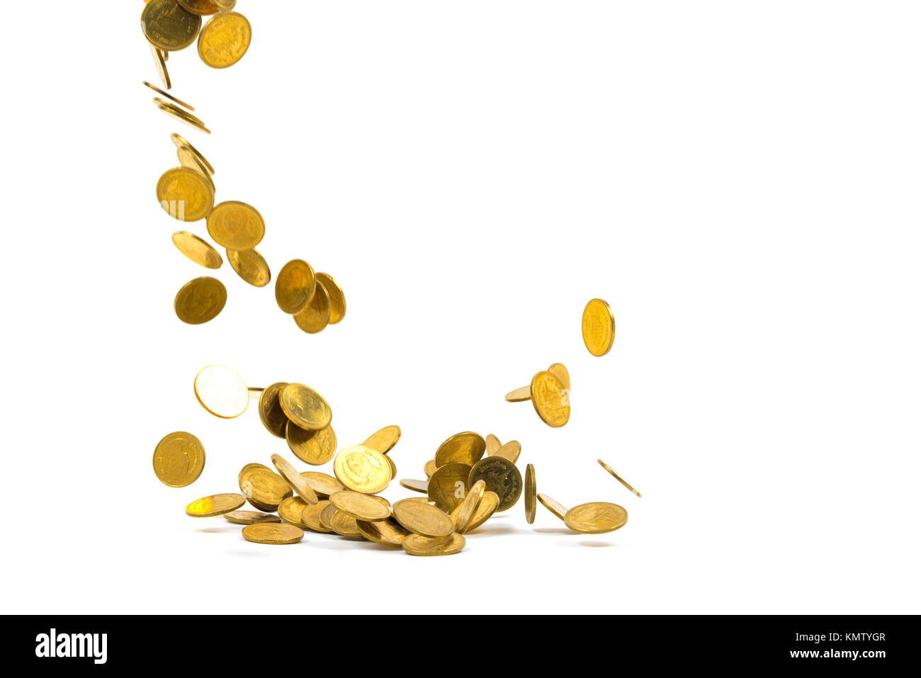 Falling gold coins money isolated on the white background, business ...