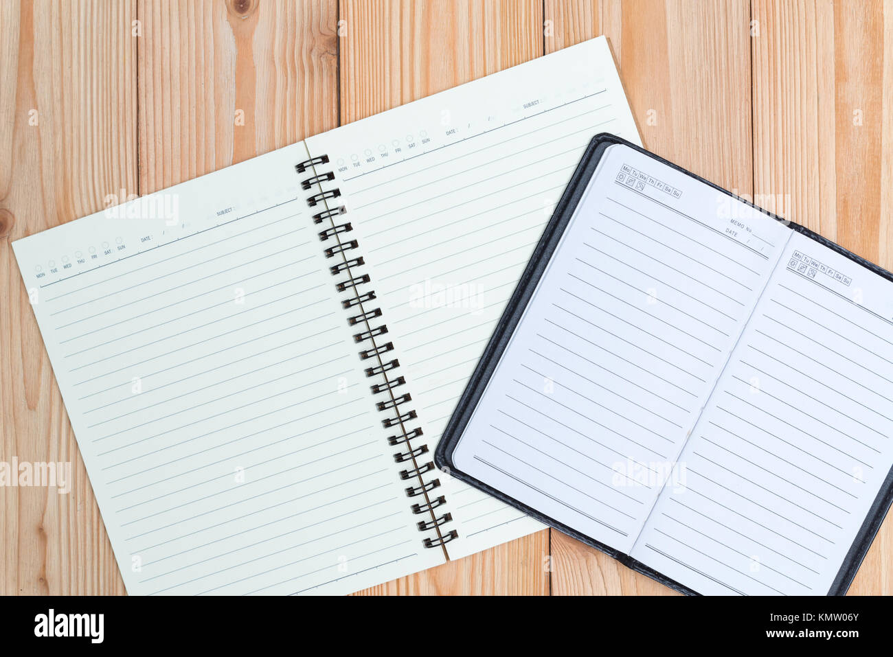 Notebook on wood table top view with copy space, menu mockup Stock ...