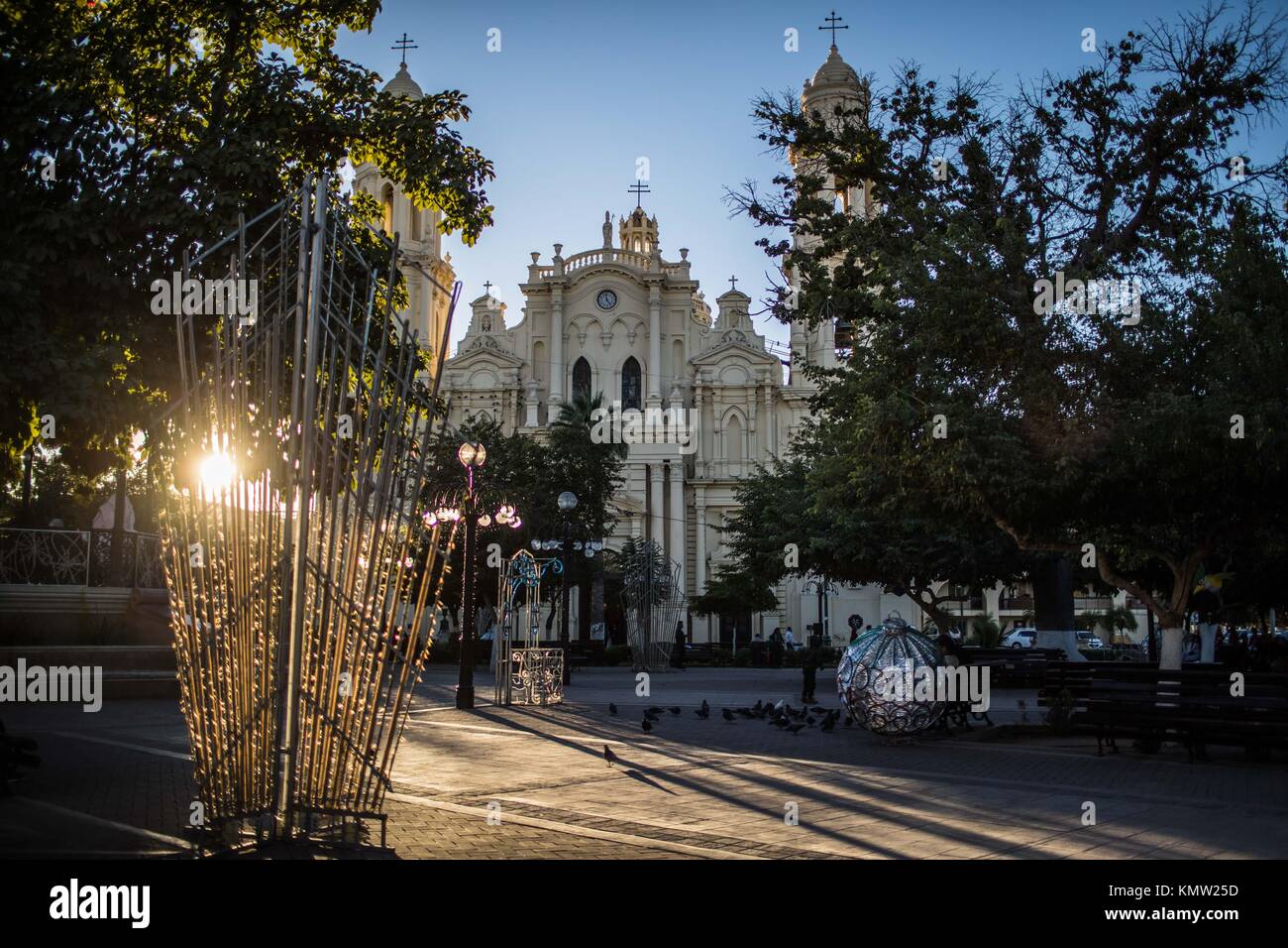 Cathedral of Hermosillo and kiosk of Zaragoza square at sunset. You ...