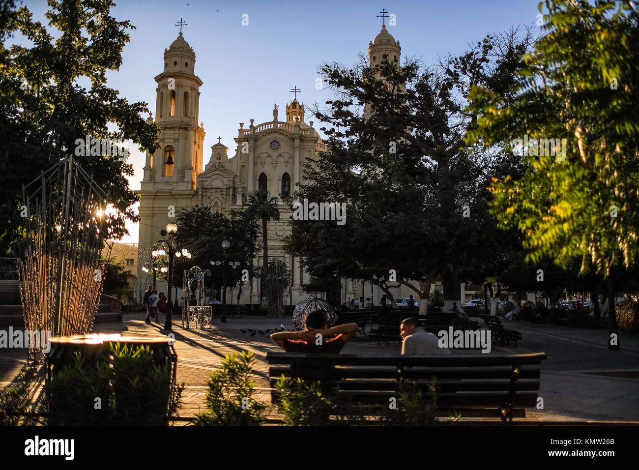 Cathedral of Hermosillo and kiosk of Zaragoza square at sunset. You ...