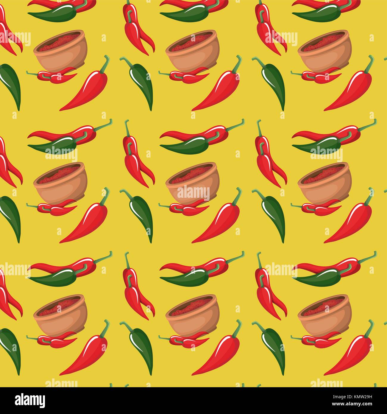 chili peppers and bowl pattern in yellow background Stock Vector Image ...