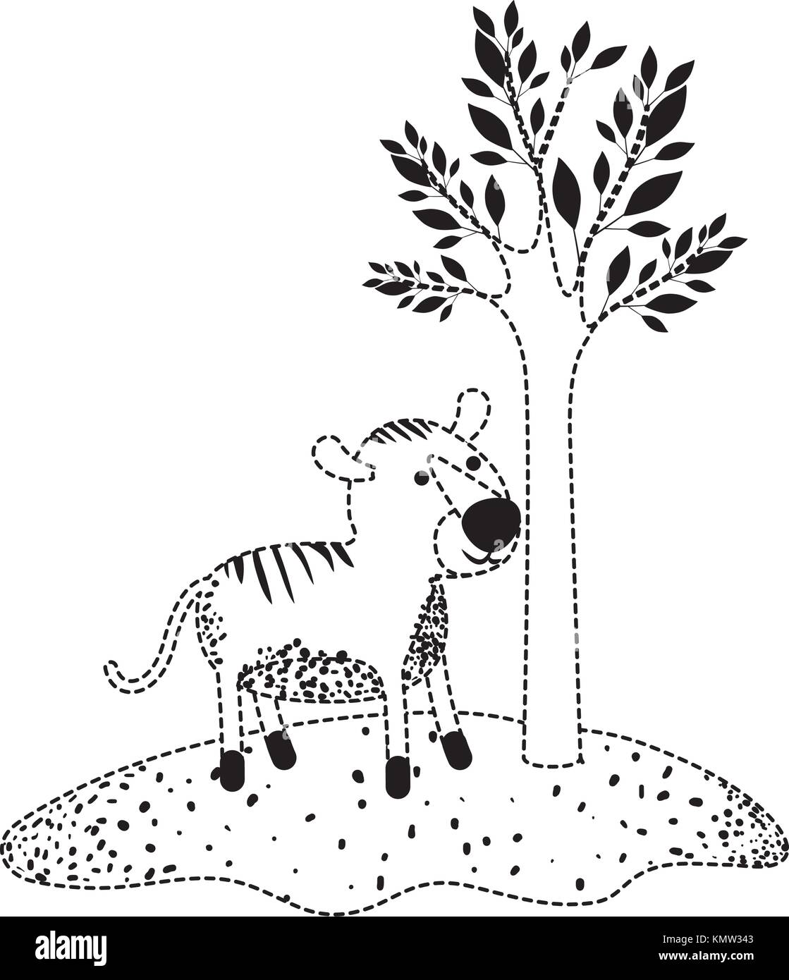 tiger cartoon next to the tree in black dotted silhouette Stock Vector ...