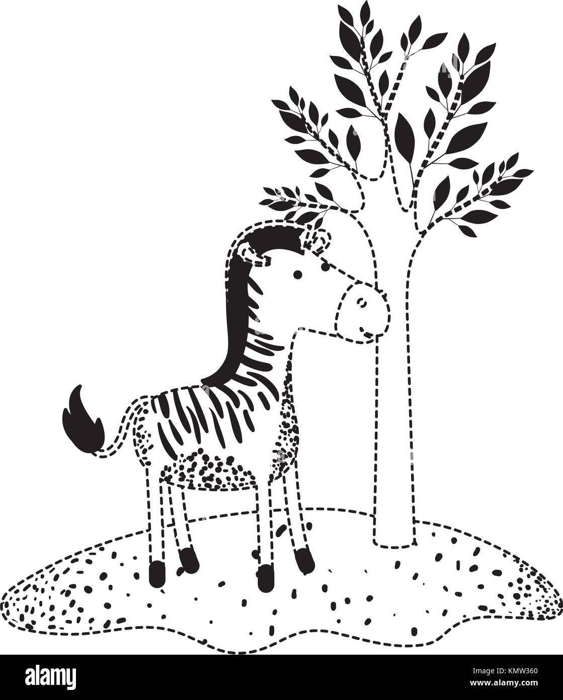 zebra cartoon next to the tree in black dotted silhouette Stock Vector ...