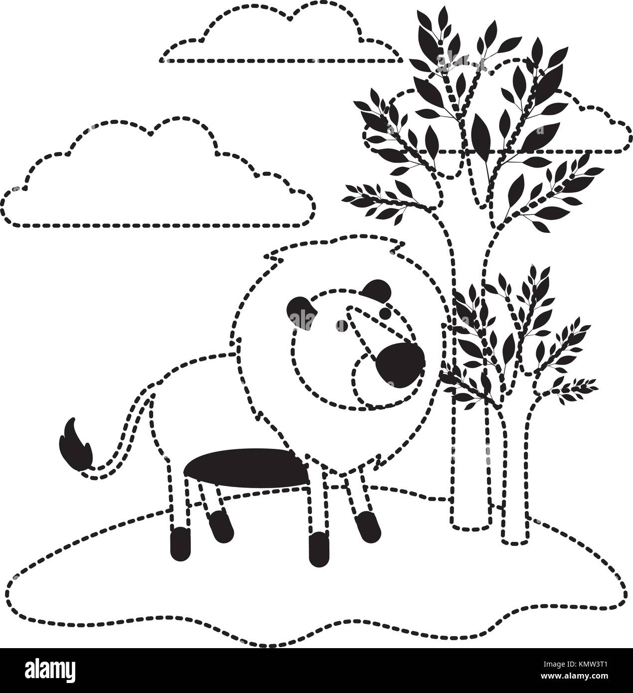 lion cartoon in outdoor scene with trees and clouds in black dotted ...