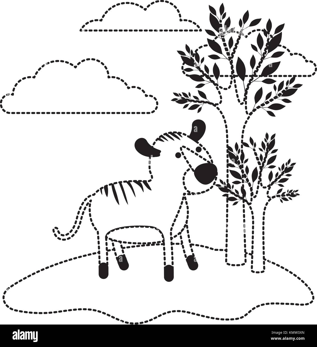 tiger cartoon in outdoor scene with trees and clouds in black dotted ...