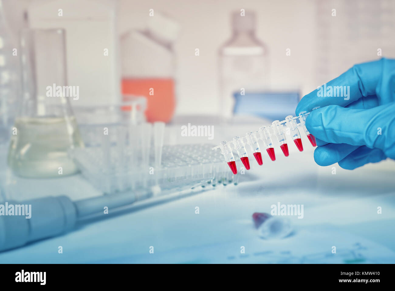 Biotechnology background. Closeup on plastic tubes for DNA ...
