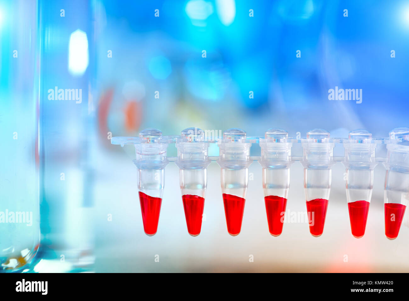 Scientific background with text space in blue and red. Closeup on ...