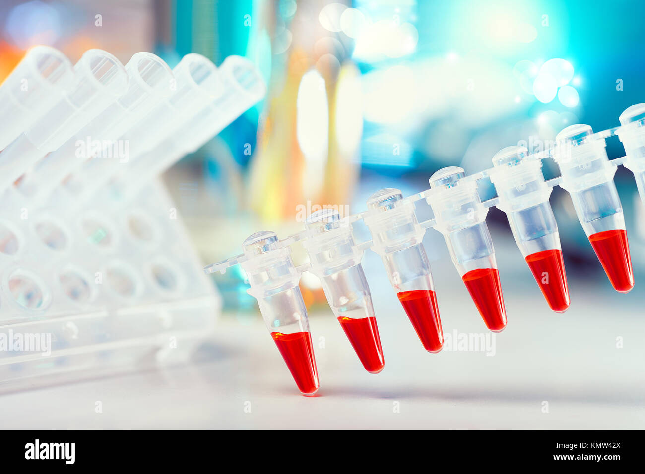 Scientific background with text space in blue and red. Closeup on ...