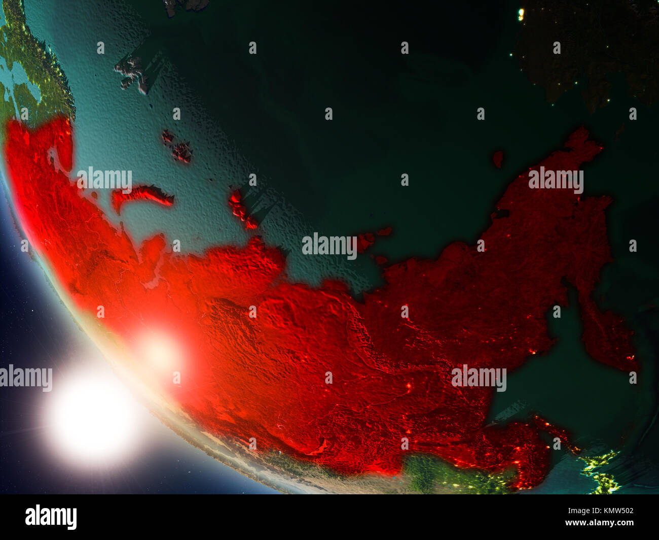 Satellite view of Russia highlighted in red on planet Earth with ...