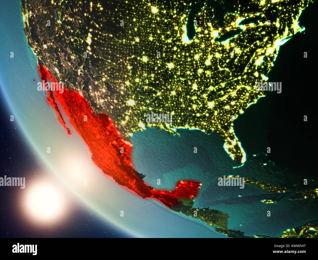 Satellite view of Mexico highlighted in red on planet Earth with ...