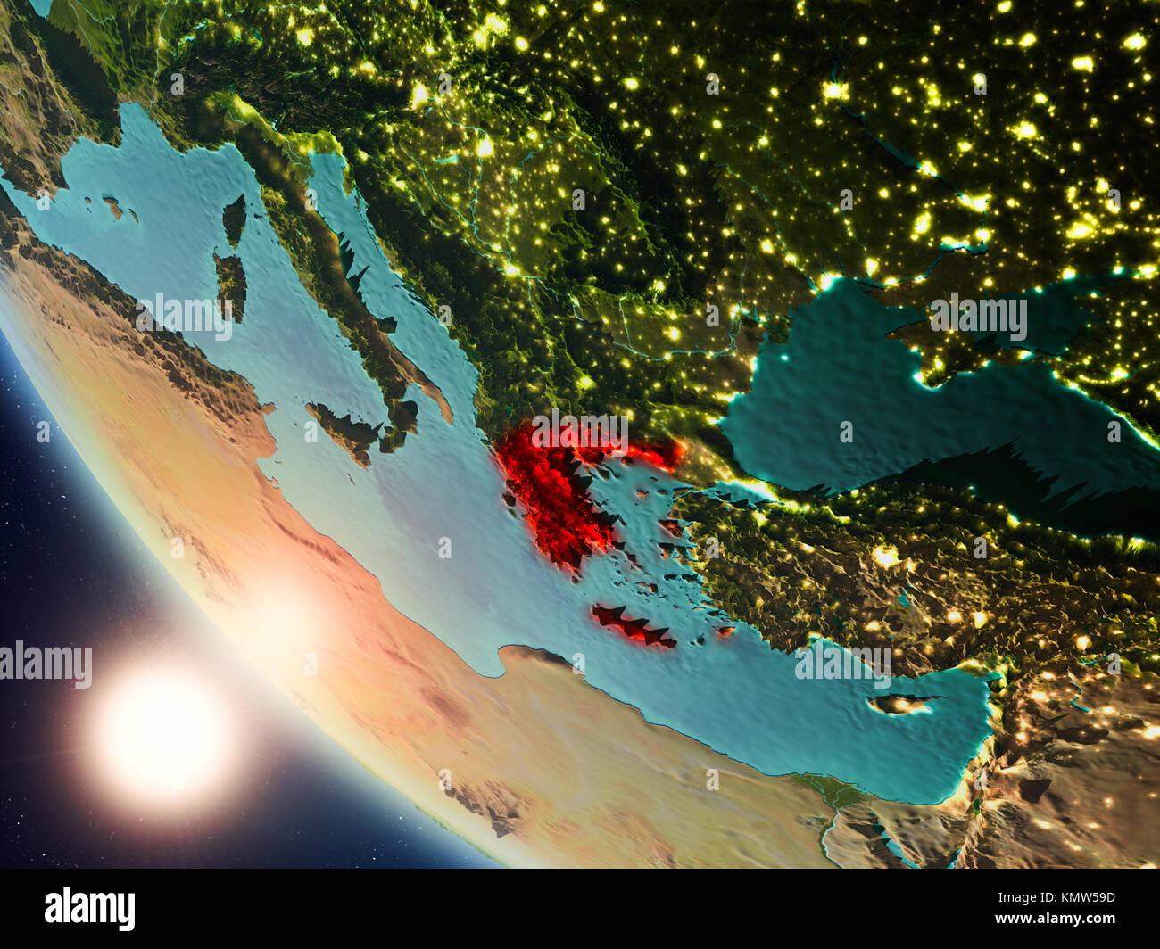 Satellite view of Greece highlighted in red on planet Earth with ...