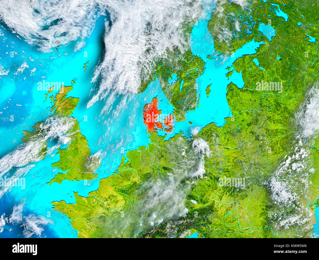 Denmark highlighted in red on planet Earth. 3D illustration. Elements of this image furnished by ...