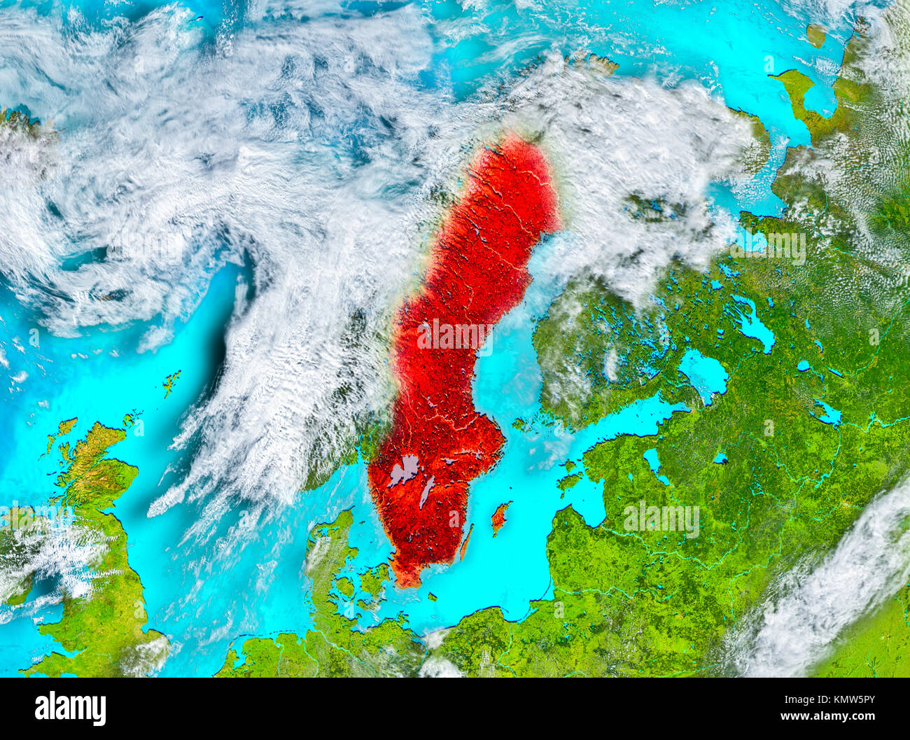 Sweden highlighted in red on planet Earth. 3D illustration. Elements of ...