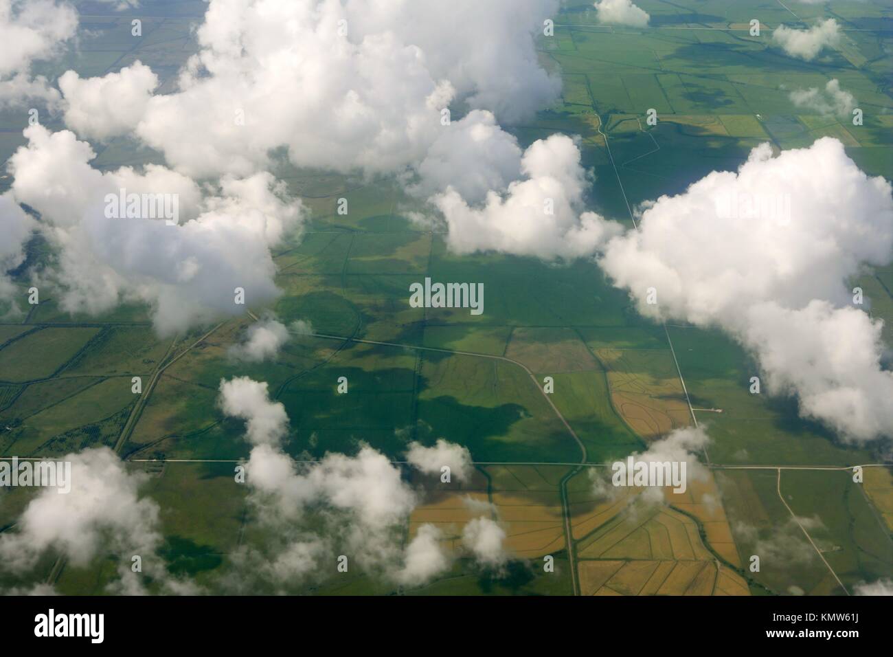 Aircraft bird view of green fields white clouds Stock Photo - Alamy