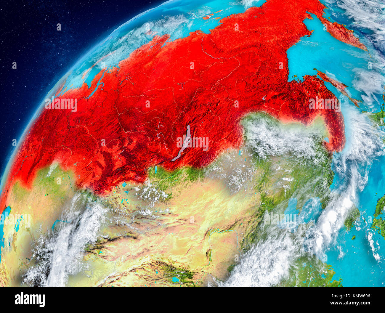 Country of Russia in red on planet Earth with atmosphere. 3D ...