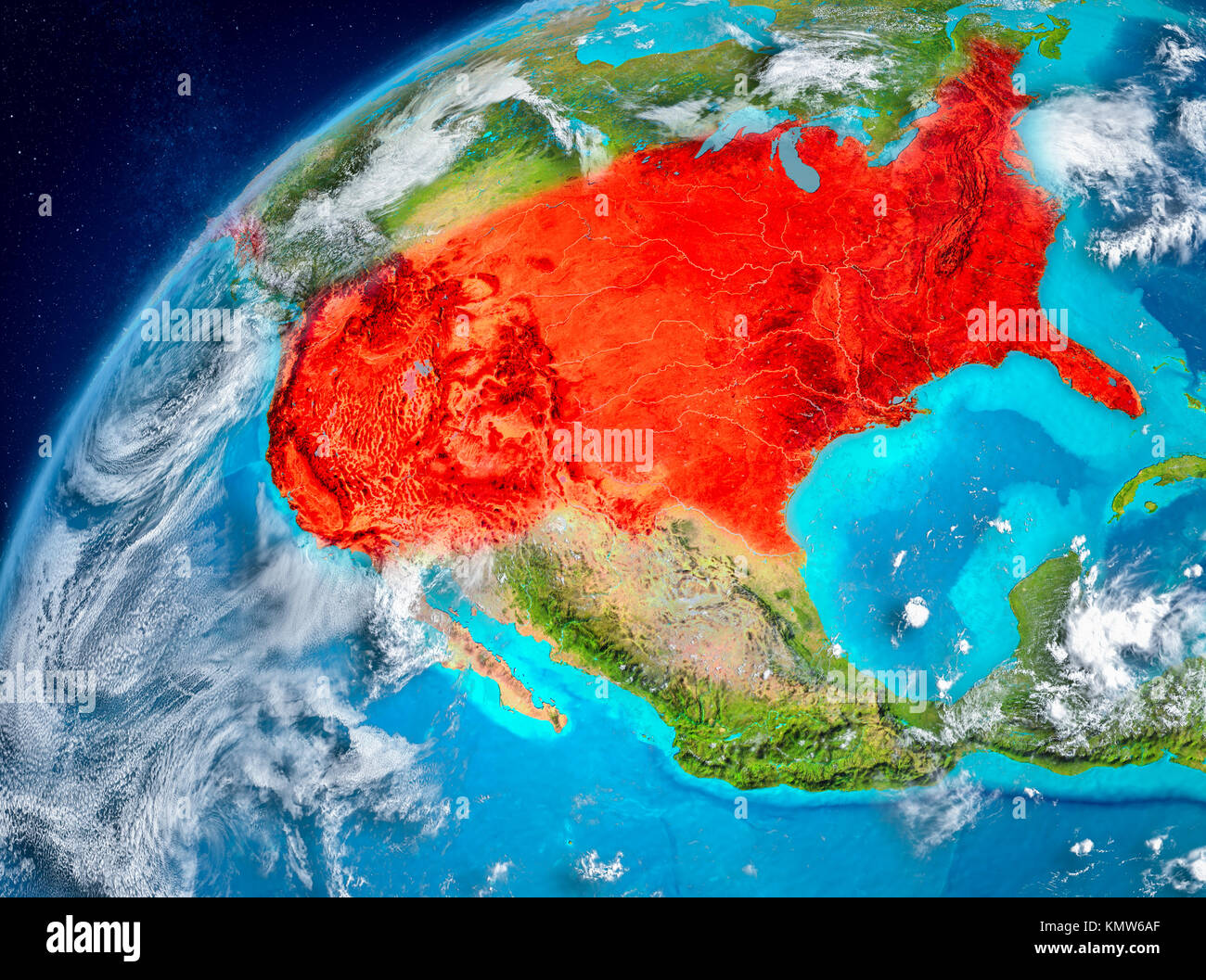 Country of USA in red on planet Earth with atmosphere. 3D illustration ...