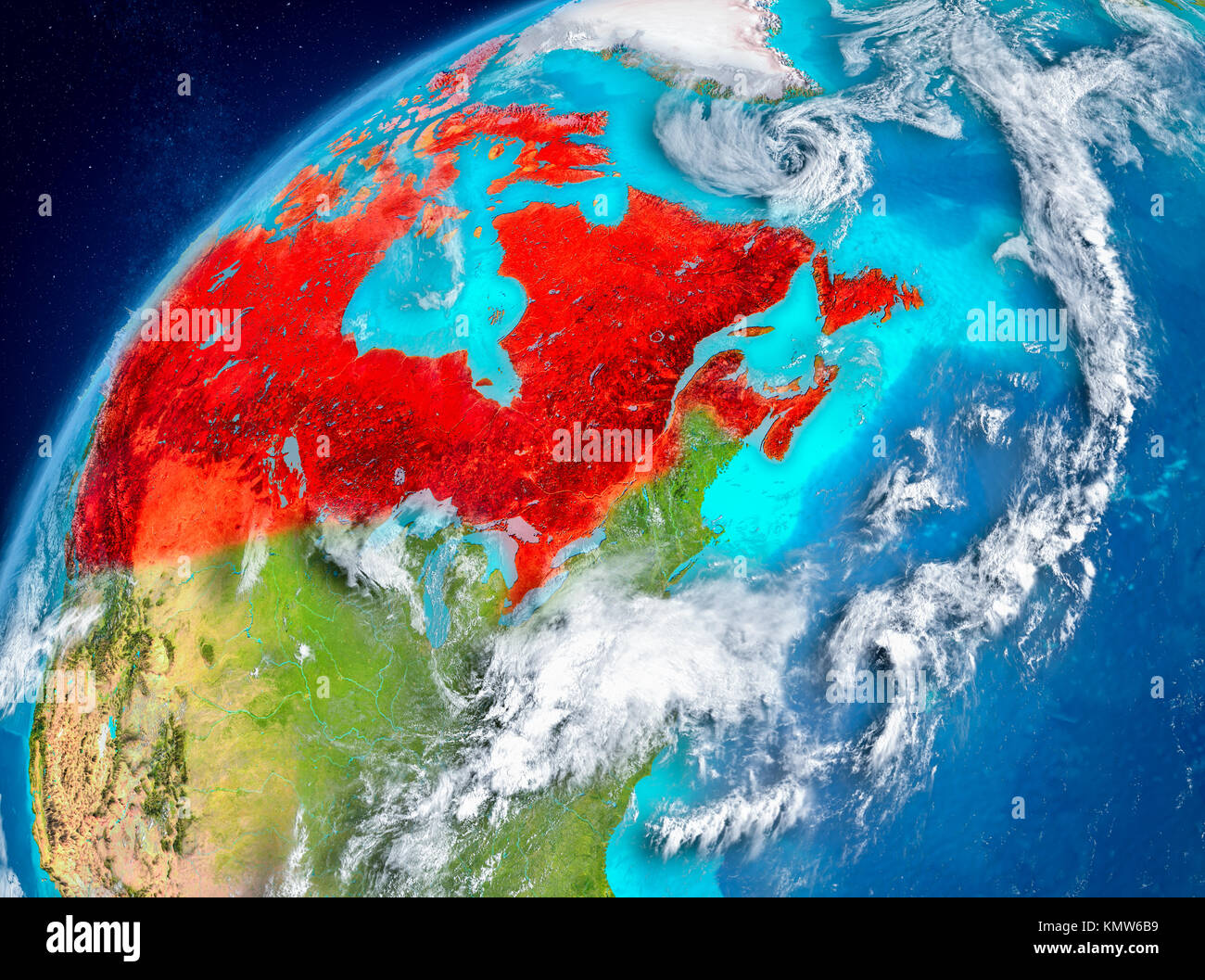 Country of Canada in red on planet Earth with atmosphere. 3D ...