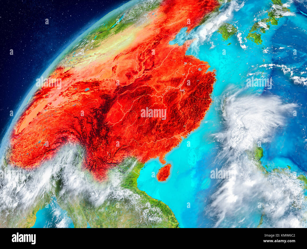 Country of China in red on planet Earth with atmosphere. 3D ...