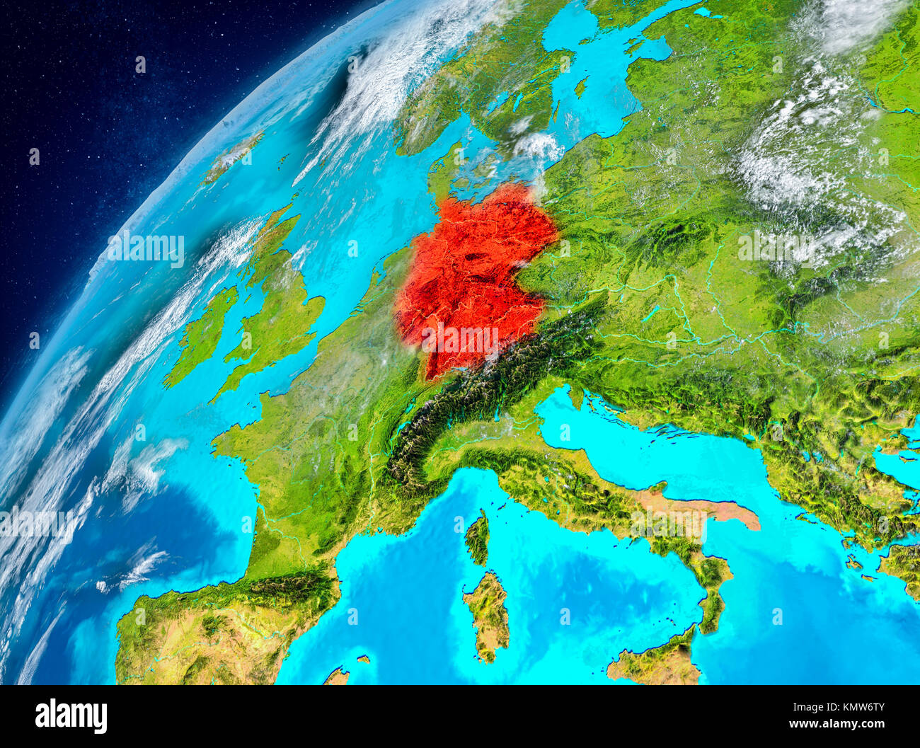 Country of Germany in red on planet Earth with atmosphere. 3D ...