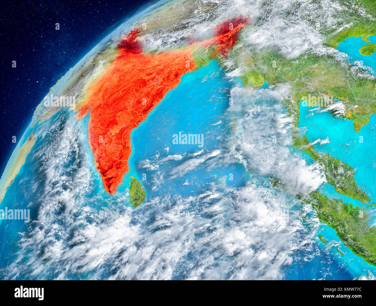 Country of India in red on planet Earth with atmosphere. 3D ...