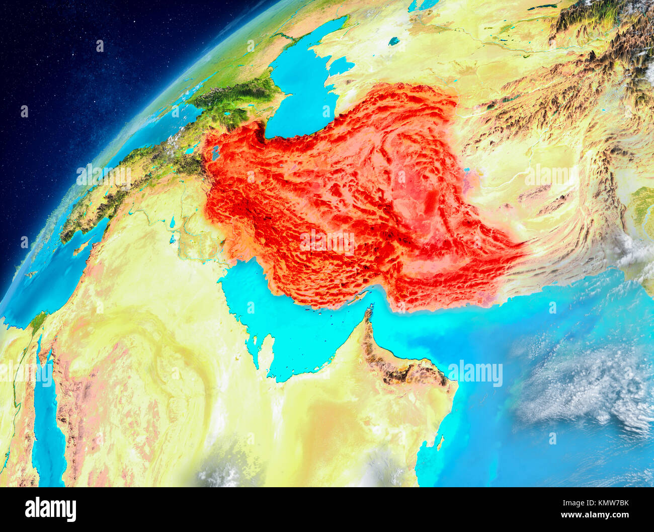 Country of Iran in red on planet Earth with atmosphere. 3D illustration ...