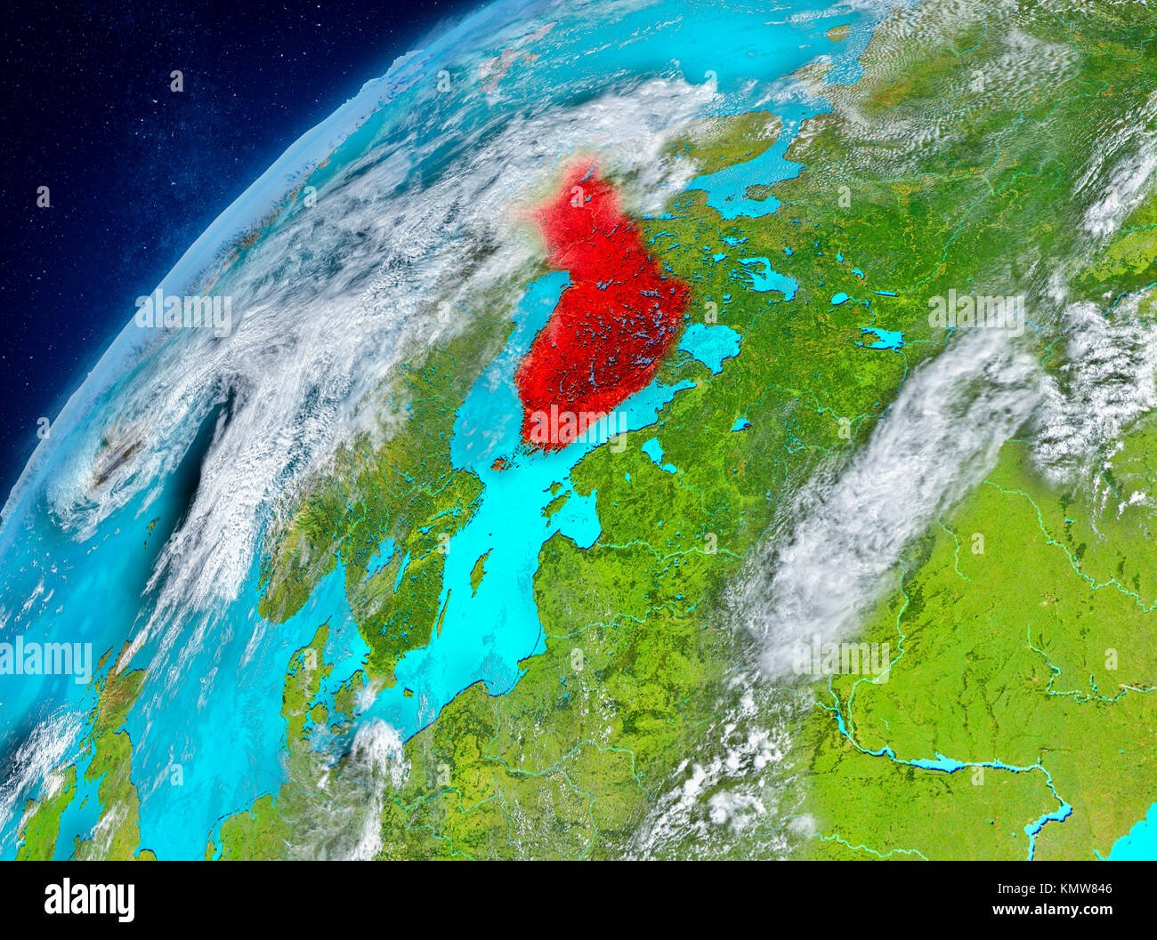 Country of Finland in red on planet Earth with atmosphere. 3D ...