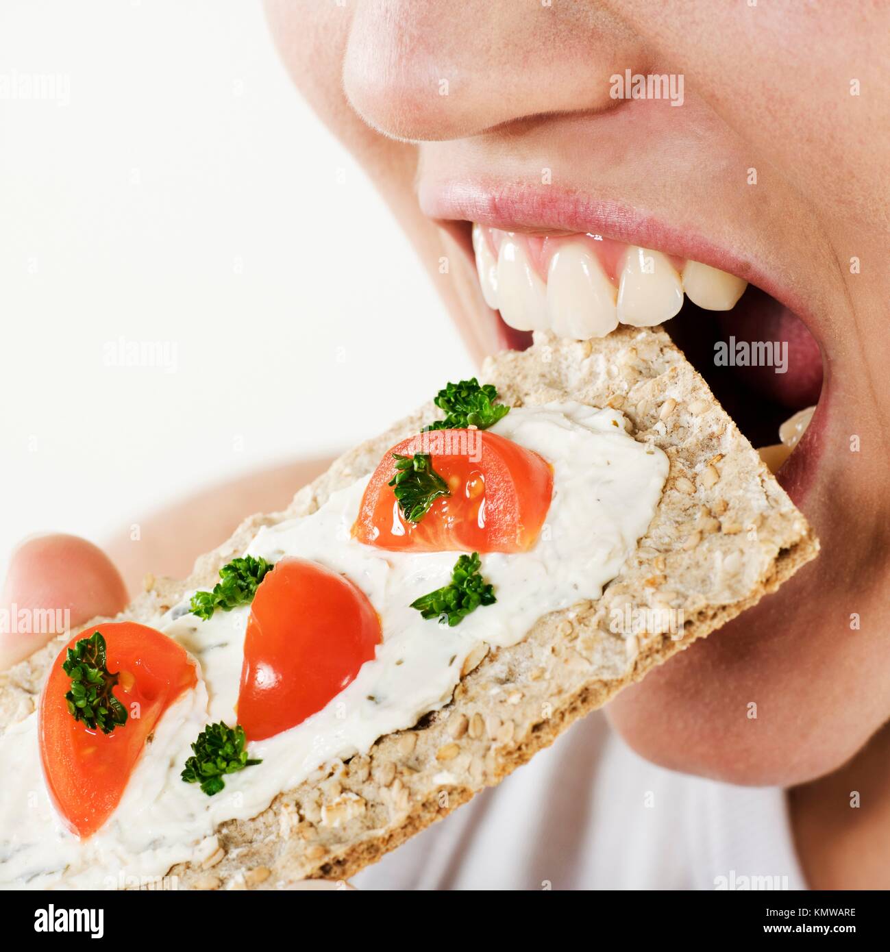 studio detail mouth on isolated background of a young beautiful ...
