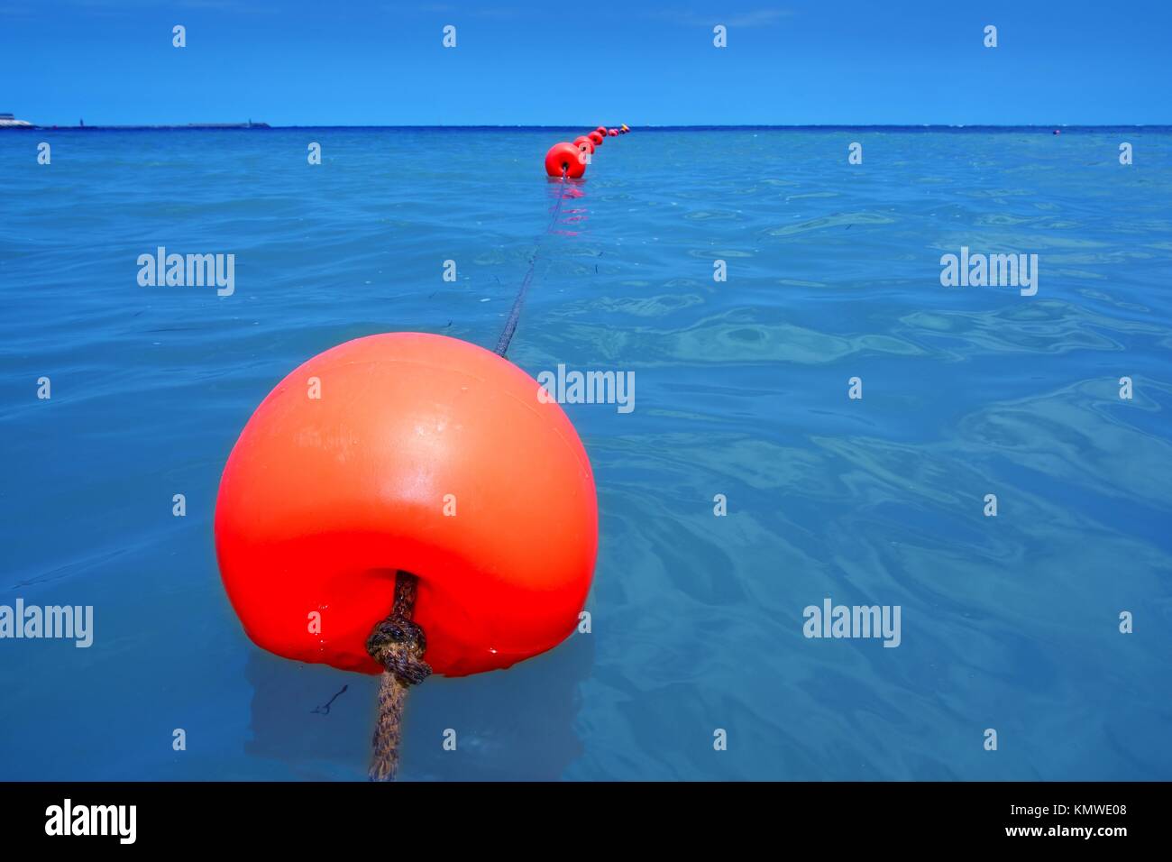 red buoy row floating blue sea with rope closeup perspective Stock ...