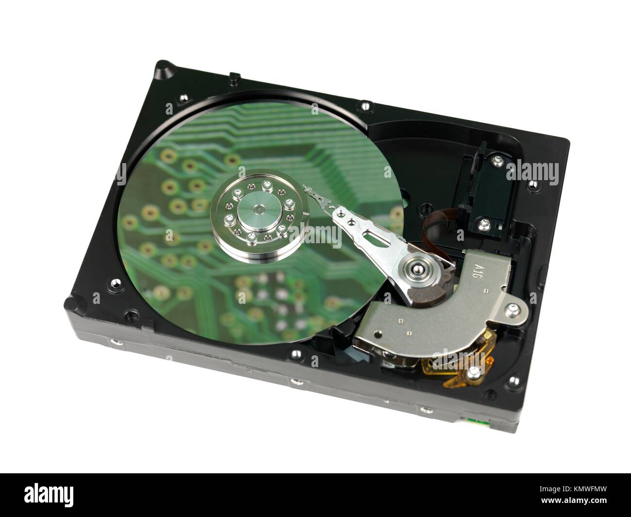 An internal computer hard drive isolated against a white background ...