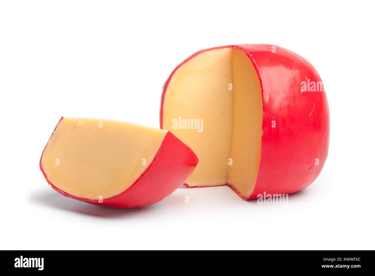 Dutch Edam cheese with a quarter on white background Stock Photo - Alamy