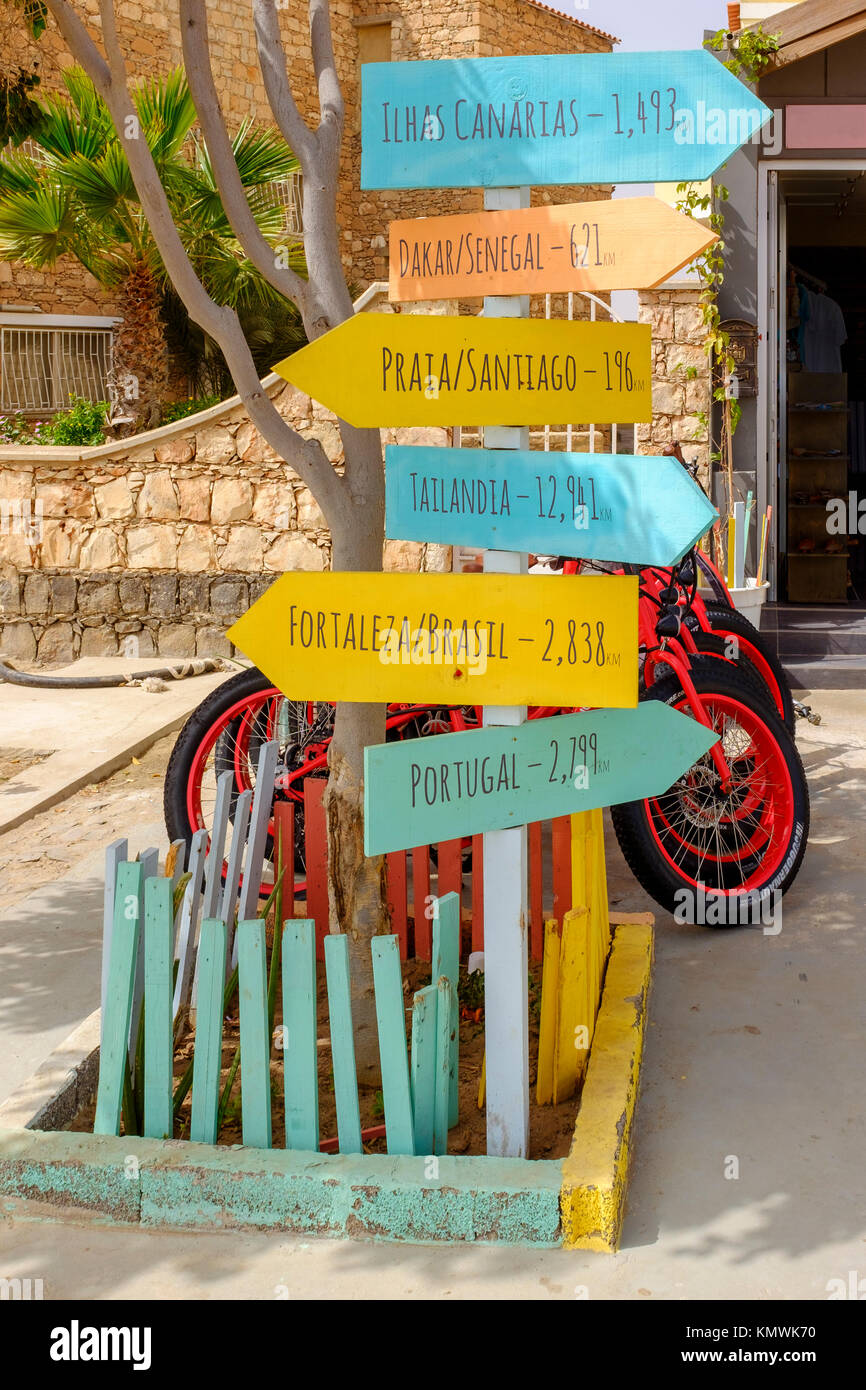 Selection of route signs showing distance from Santa Maria, Cape Verde ...