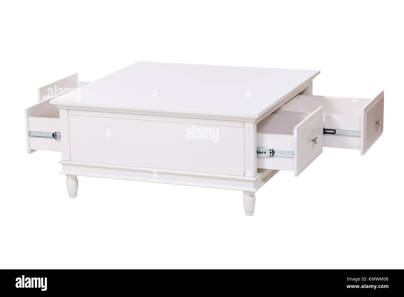 White wooden stand with open drawers over white. With clipping path ...