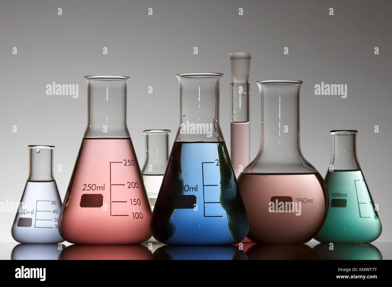 chemical laboratory flasks containing liquid shiny color Stock Photo ...