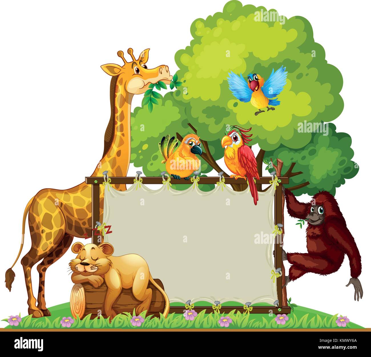 Wild animals around wooden frame illustration Stock Vector Image & Art ...