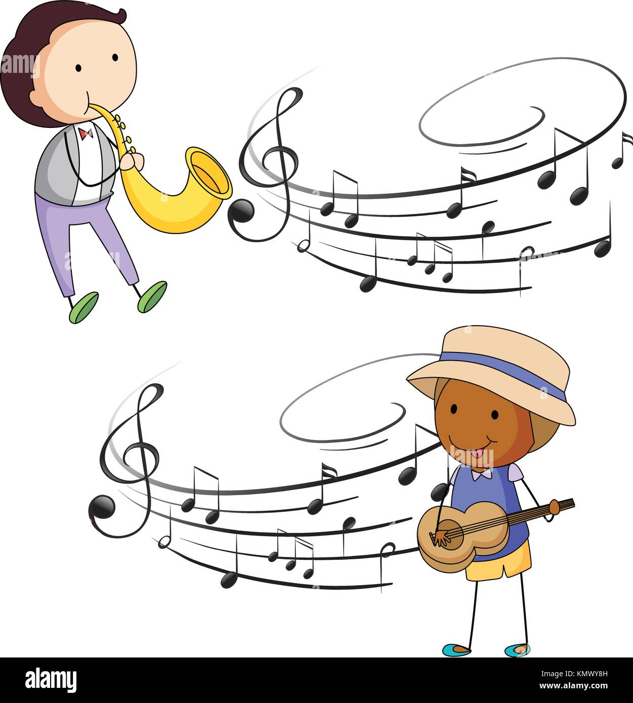Musicians playing music with notes in background illustration Stock ...