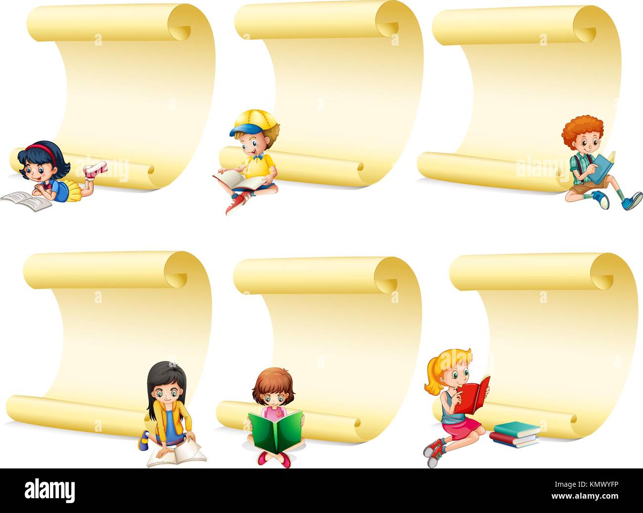 Blank papers with kids reading book illustration Stock Vector Image ...