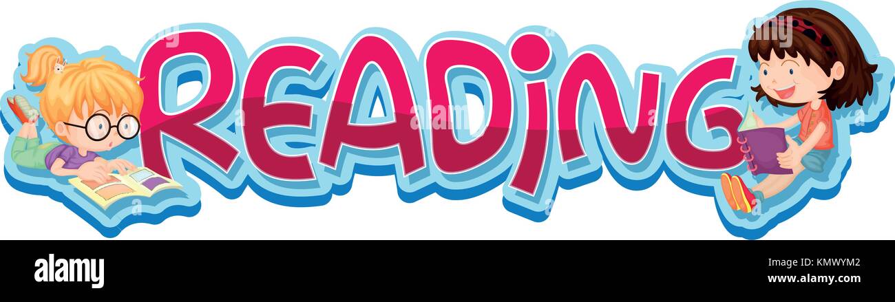 Sticker design for word reading with two kids reading book illustration ...