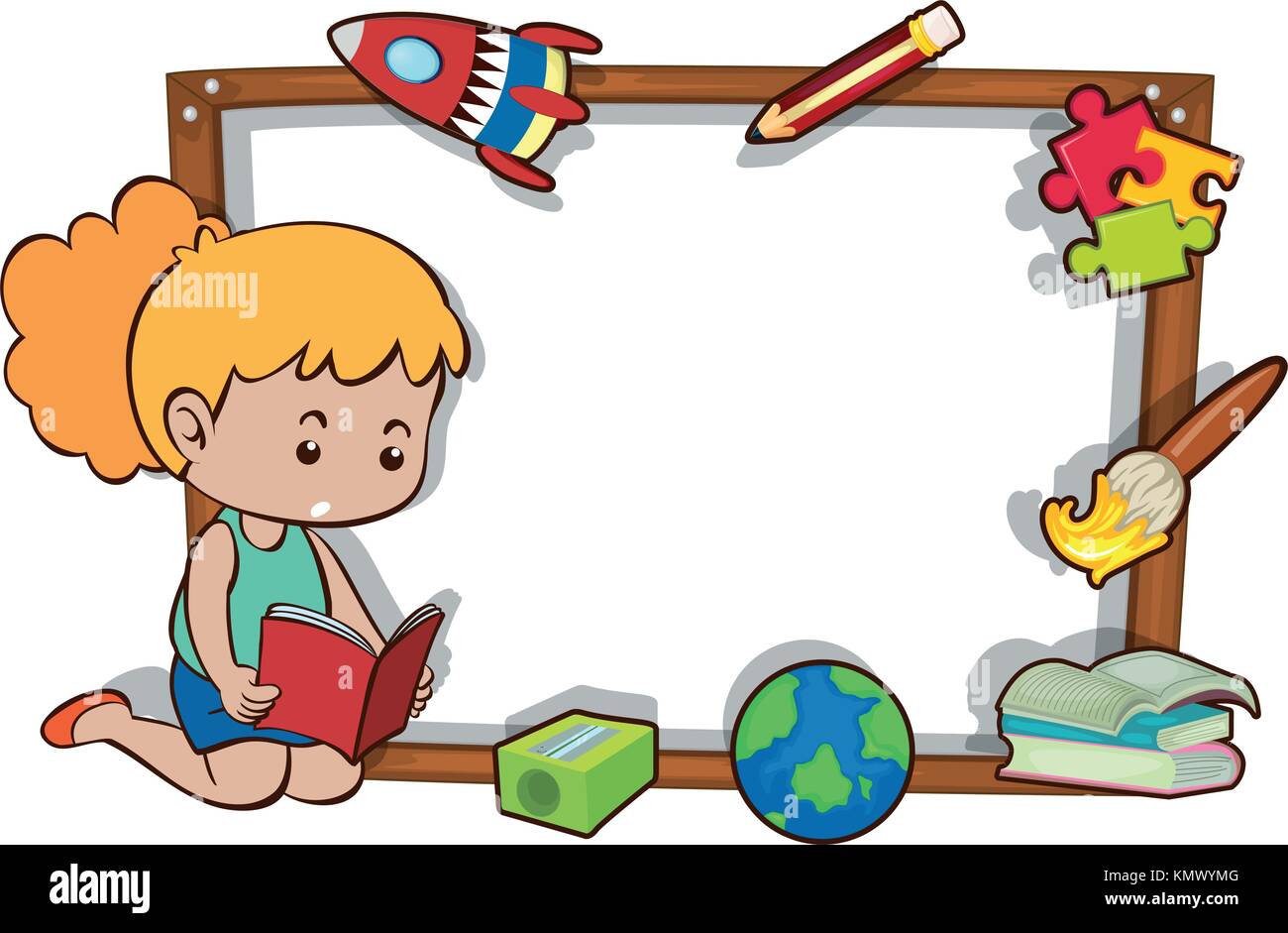 Border template with girl reading book illustration Stock Vector Image ...