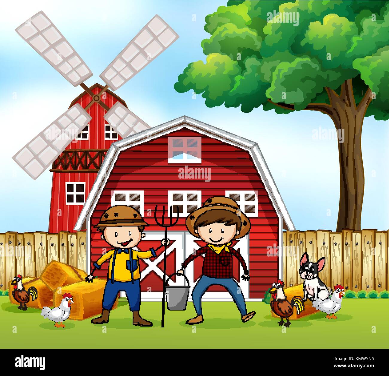Scene with two farmers and animals illustration Stock Vector Image ...