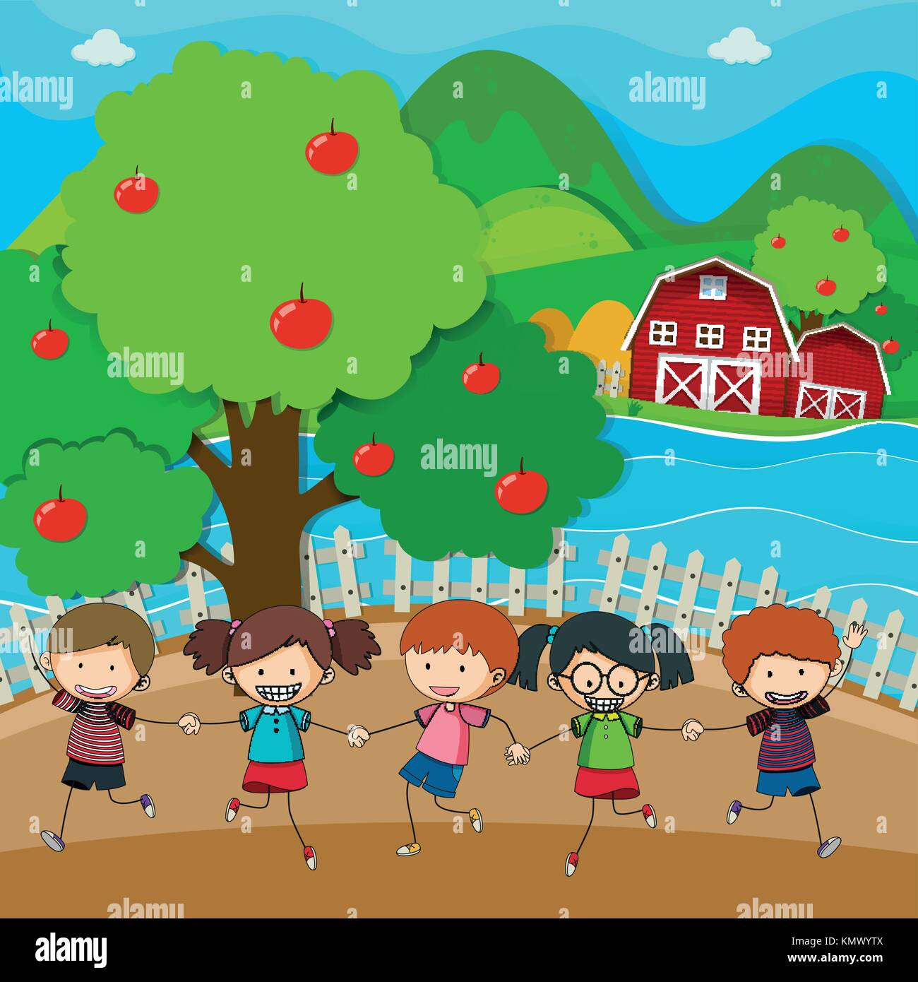 Happy kids playing in the apple orchard illustration Stock Vector Image ...